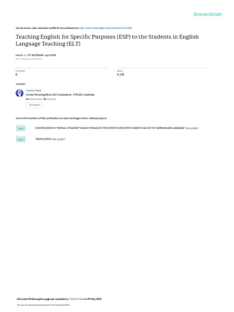 Teaching English For Specific Purposes (ESP) To The Students in English ...