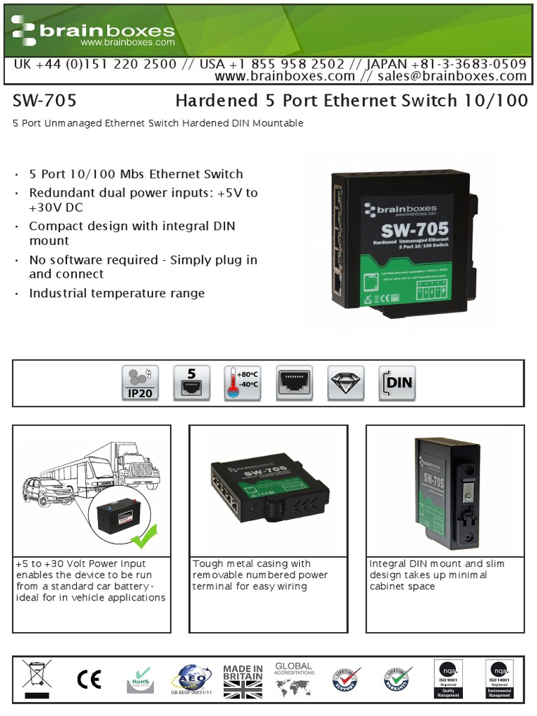 Hardened 5 Port Ethernet Switch 10/100 SW-705: UK +44 (0) 151 220 2500 ...