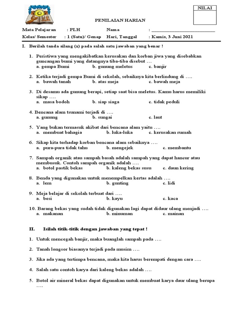 Soal PLH Kelas 1: Bencana Alam | PDF | Seni & Disiplin Bahasa