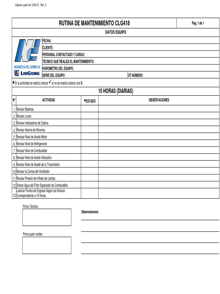 Rutina de Mantenimiento CLG 418 10H | PDF