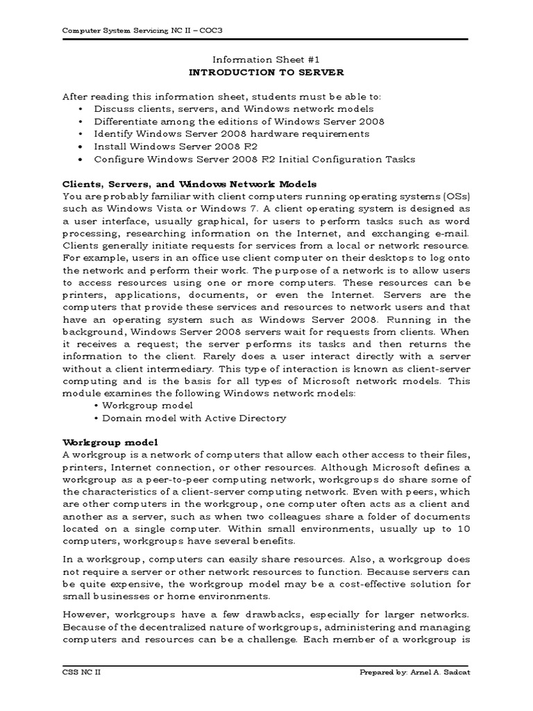 Introduction To Server: Computer System Servicing NC II - COC3 | PDF ...
