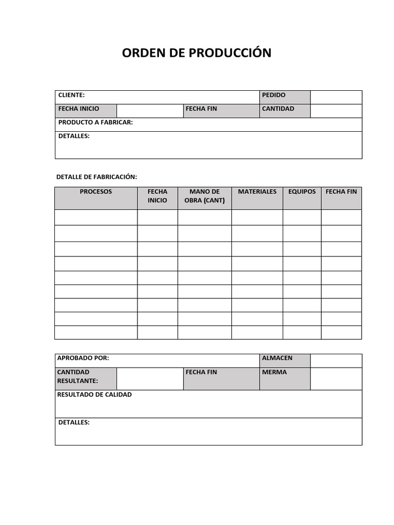Ejemplo De Una Orden De Produccion/formato De Orden De Trabajo