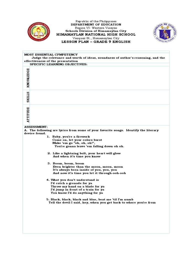 Himamaylan National High School Lesson Plan - Grade 9 English ...