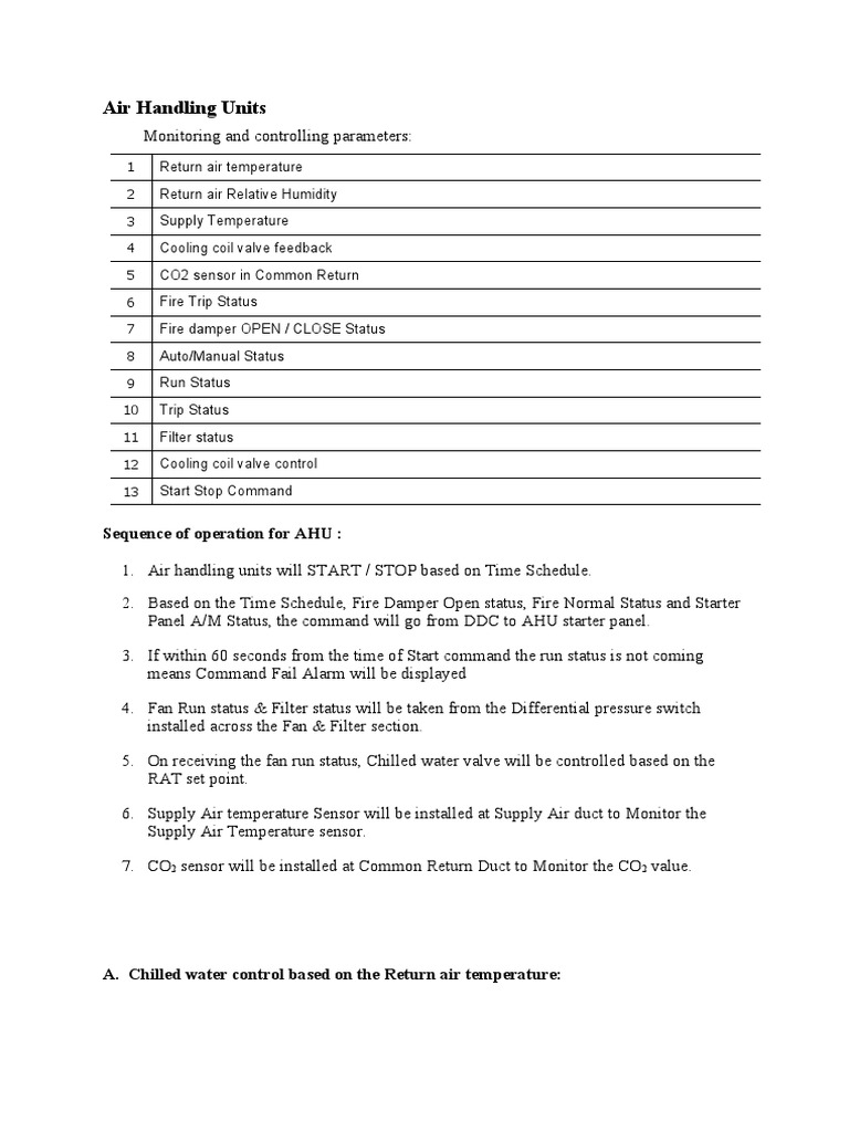 Air Handling Units: Sequence of Operation For AHU | PDF | Temperature ...