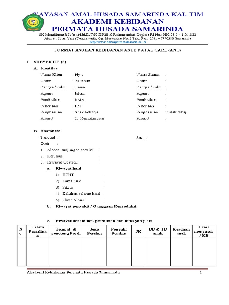 Format Askeb Anc Soap | PDF | Kesehatan Holistik