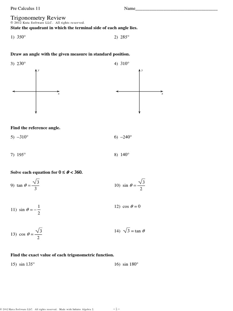 Trigonometry Review: State The Quadrant in Which The Terminal Side of ...