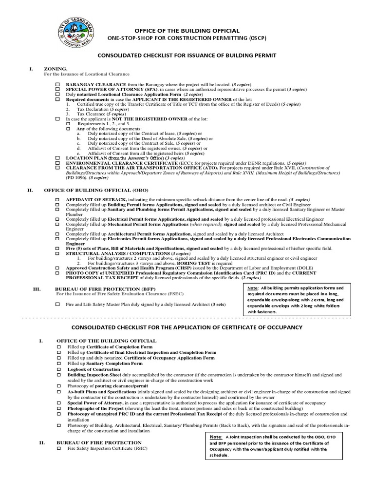 Checklist Building Permit Occupancy Permit | PDF | Notary Public | Engineer