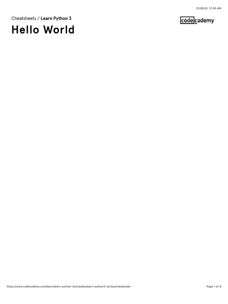 Hello World: Cheatsheets / Learn Python 3 | PDF | Parameter (Computer Programming) | Boolean ...