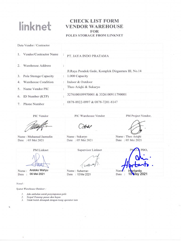 Checklist Form Warehouse Linknet-JIP-signed | PDF