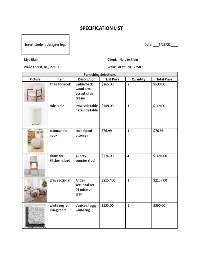 2nd Specification List Template | PDF | Home Economics | Interior Design