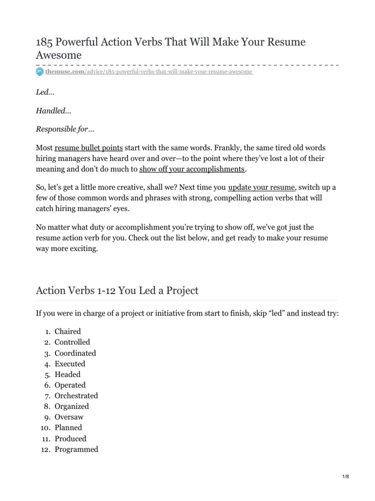 185 Powerful Action Verbs That Will Make Your Resume Awesome | PDF ...