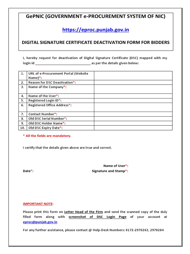 DSC Deactivation Form For Bidders | PDF