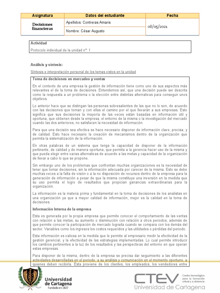 Plantilla Protocolo Individual Decisiones Financieras Unidad 1 | PDF | Investigación de mercado ...