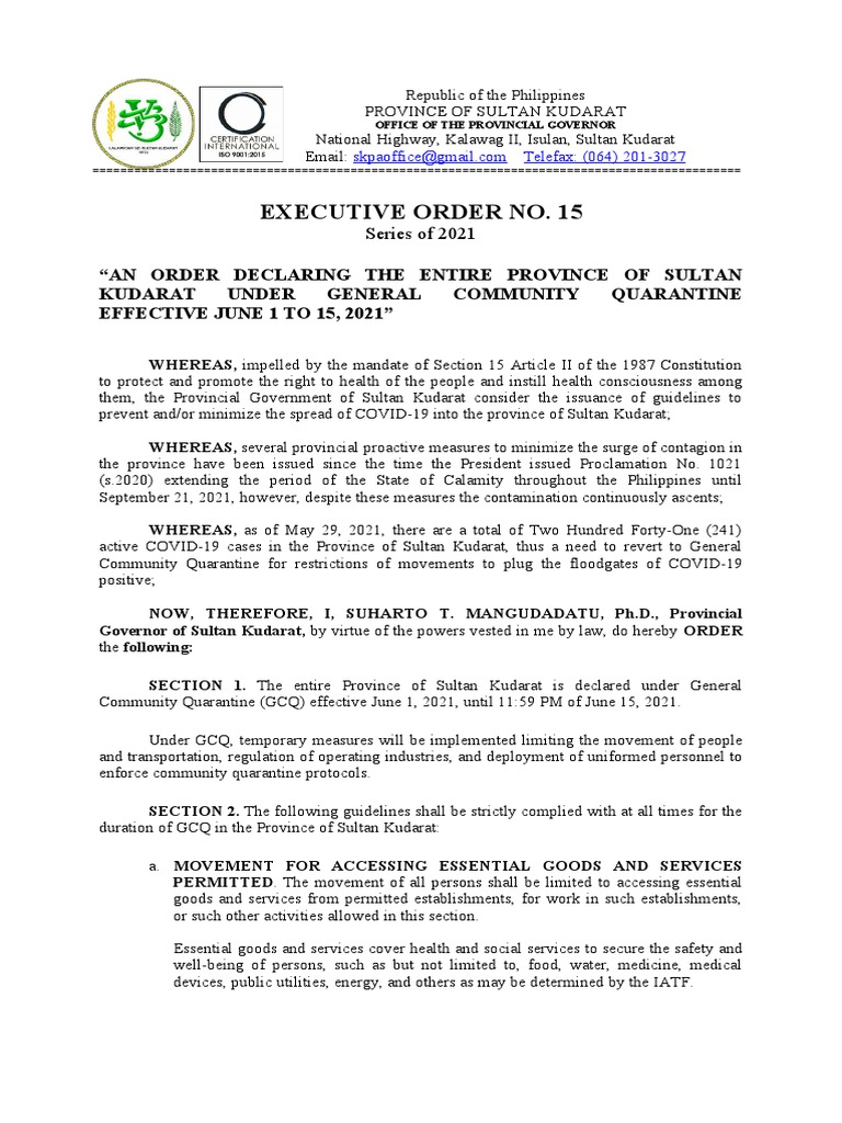 Executive Order No. 15 | PDF | Quarantine | Oil