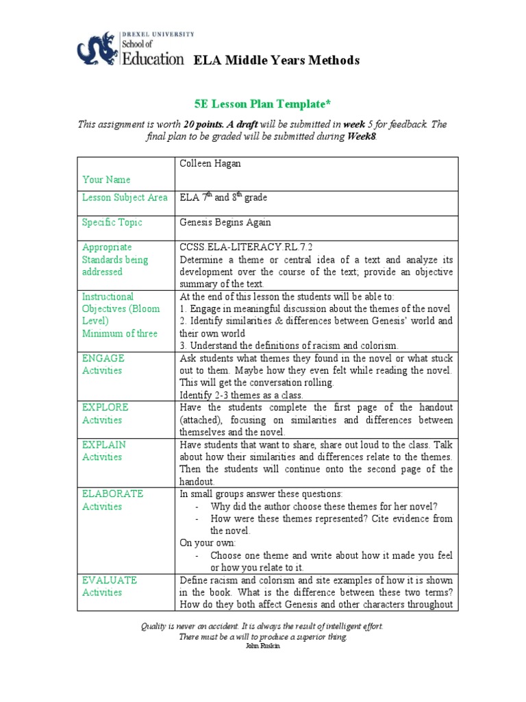 Ela 5e Lesson Plan Template - 1 1 | PDF | Lesson Plan | Behavior ...