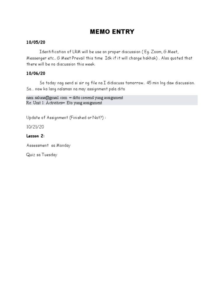 Memo Entry: Re: Unit 1: Activities Eto Yung Assignment | PDF