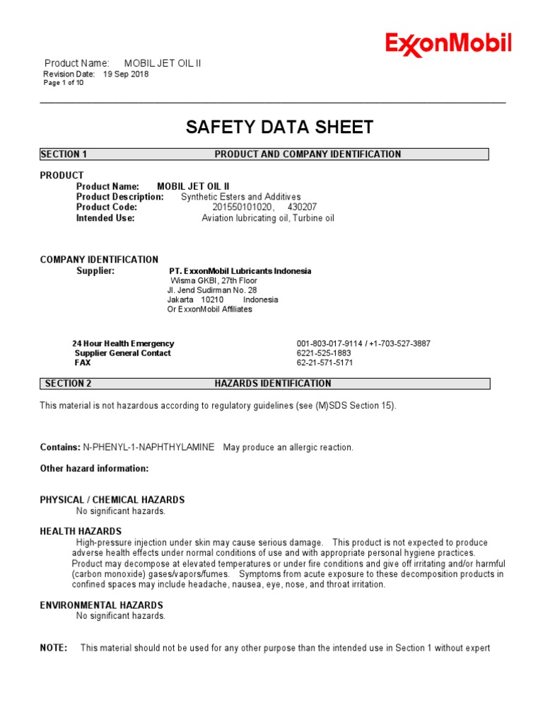 Safety Data Sheet: Product Name: Mobil Jet Oil Ii | PDF | Firefighting ...