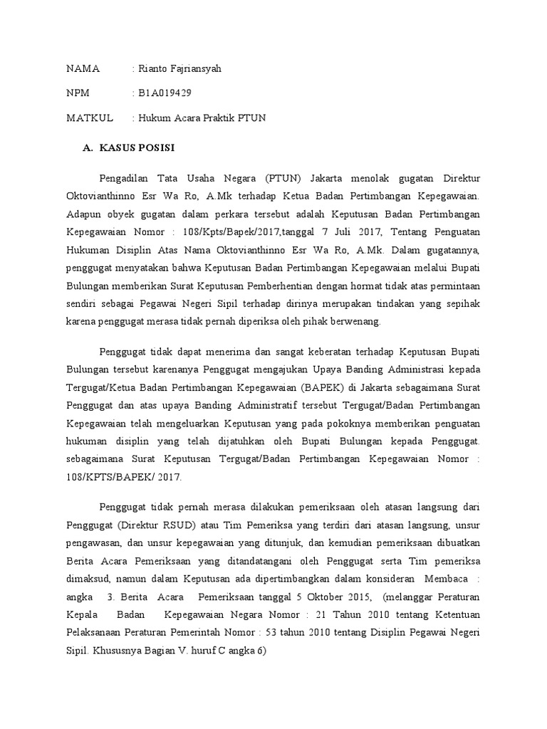 Kasus Posisi PTUN Rianto Fajriansyah B1A019429 | PDF