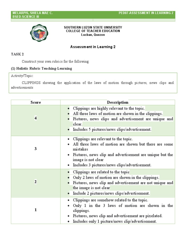 TASK 2-Assessment in Learning 2 | PDF | Rubric (Academic) | Infographics