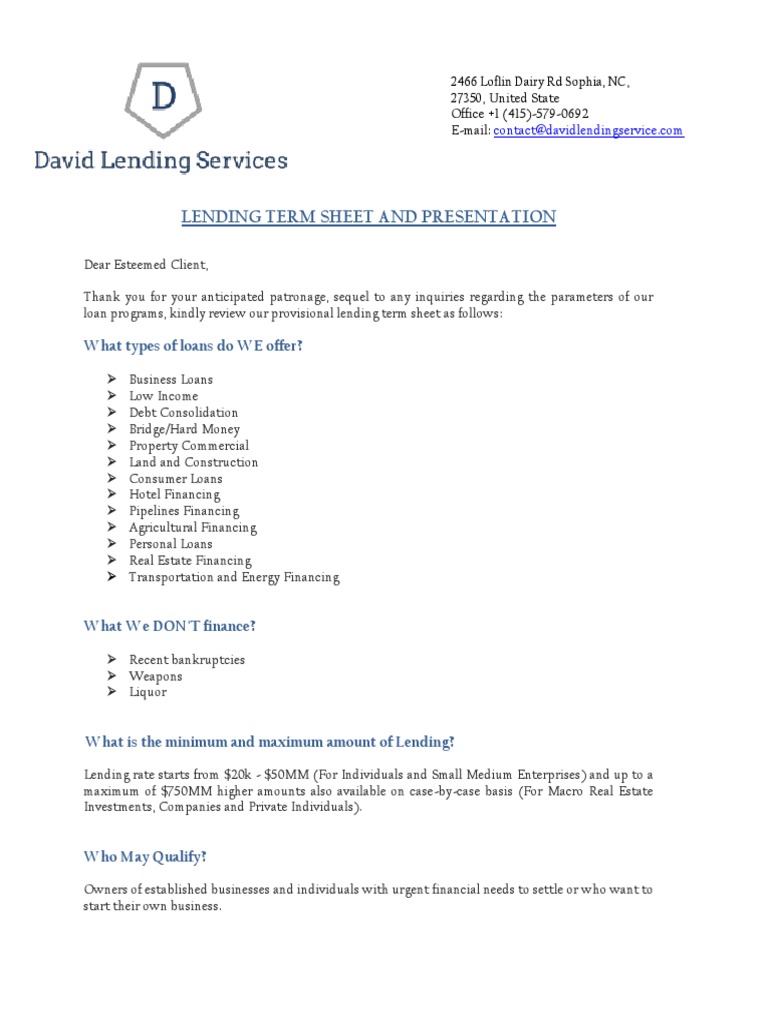 Loan Term Sheet-David Lending Services | PDF | Loan Origination | Loans