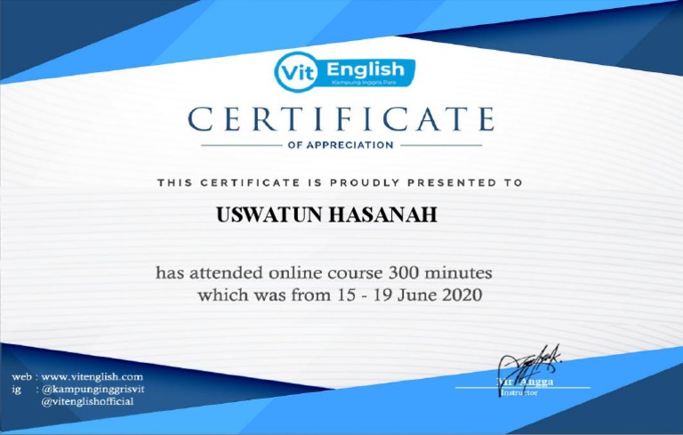 Sertifikat Vit English - USWATUN HASANAH | PDF