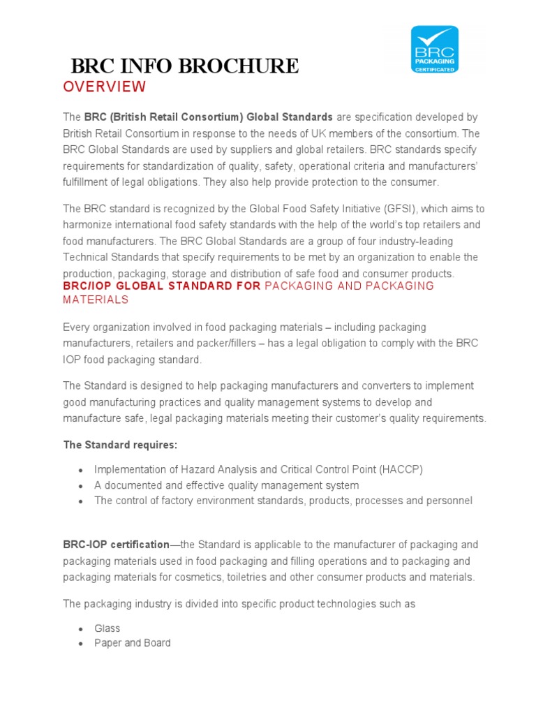 BRC Info Brochure: Brc/Iop Global Standard For Packaging and Packaging | PDF | Packaging And ...