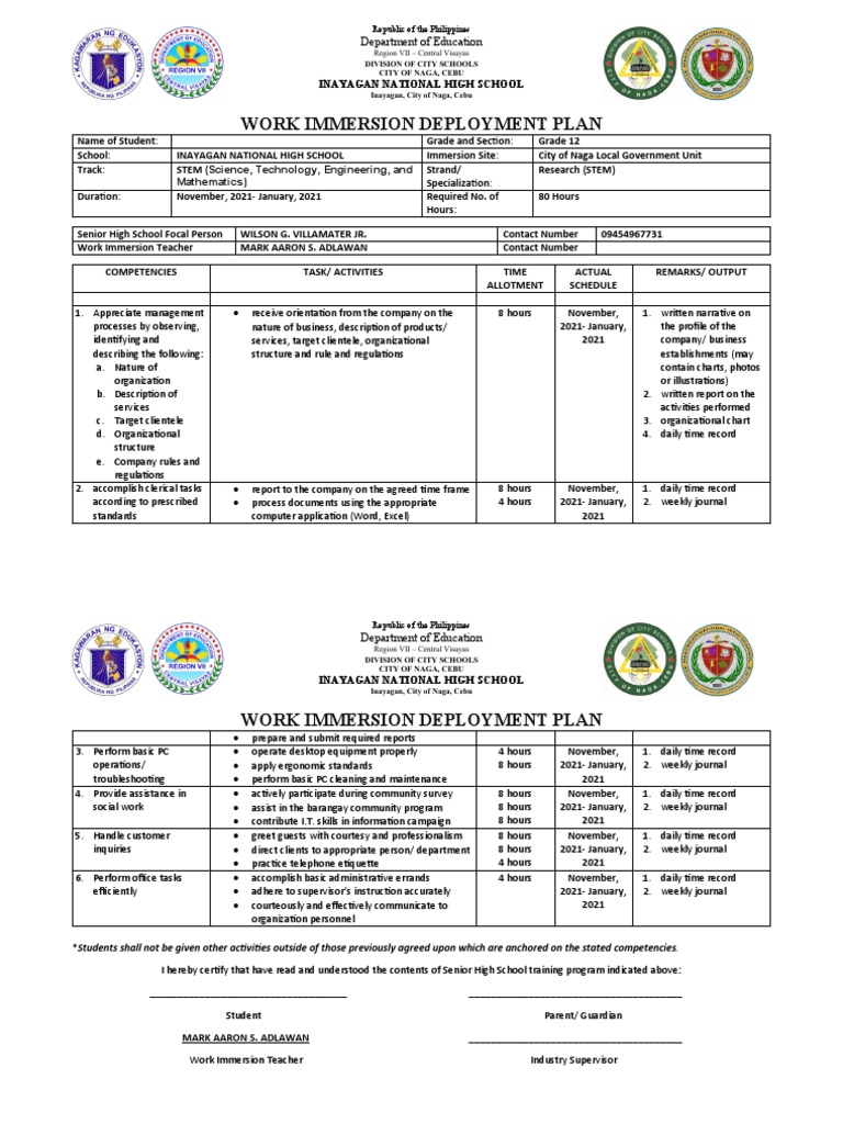 Work Immersion Deployment Plan: Department of Education | PDF | Science ...