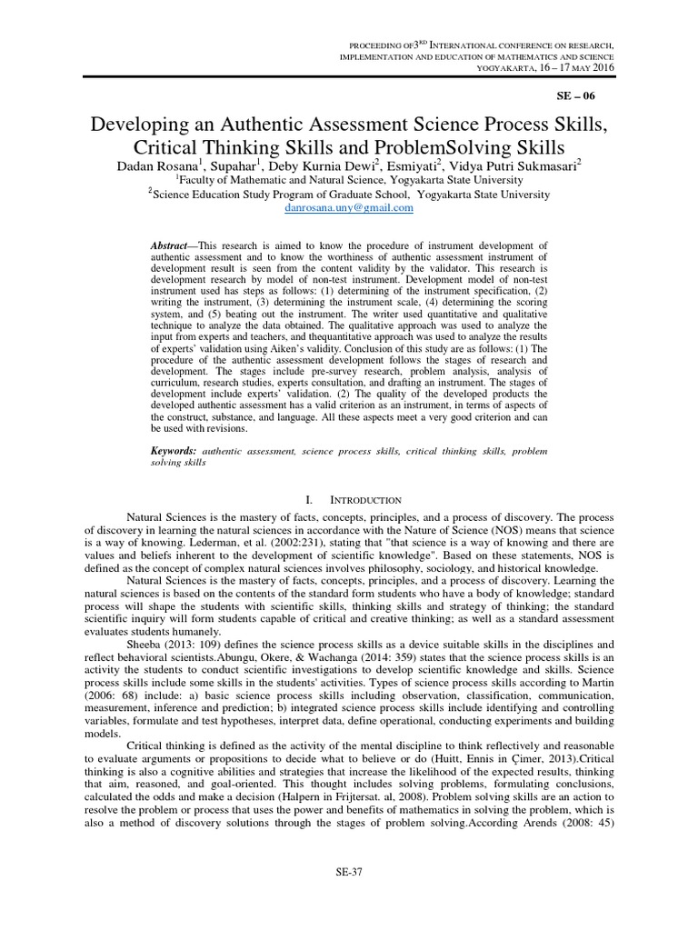Developing An Authentic Assessment Science Process Skills, Critical Thinking Skills and ...
