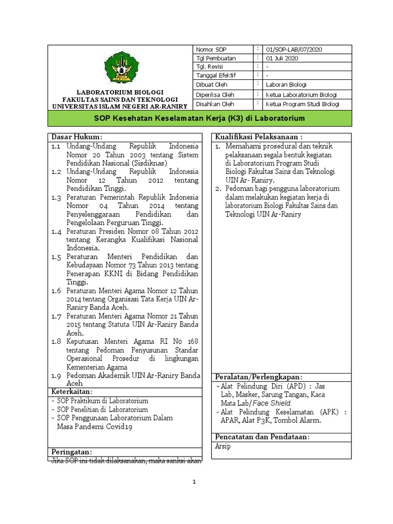 SOP K3 Di Laboratorium | PDF