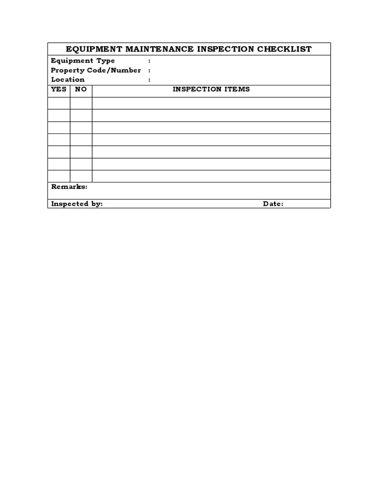 Equipment Maintenance Inspection Checklist: Equipment Type: Property ...