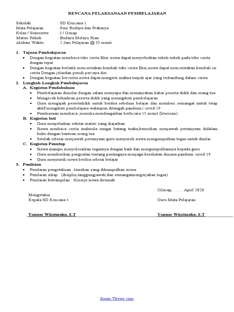 Contoh RPP Seni Budaya Dan Prakarya 1 Lembar | PDF