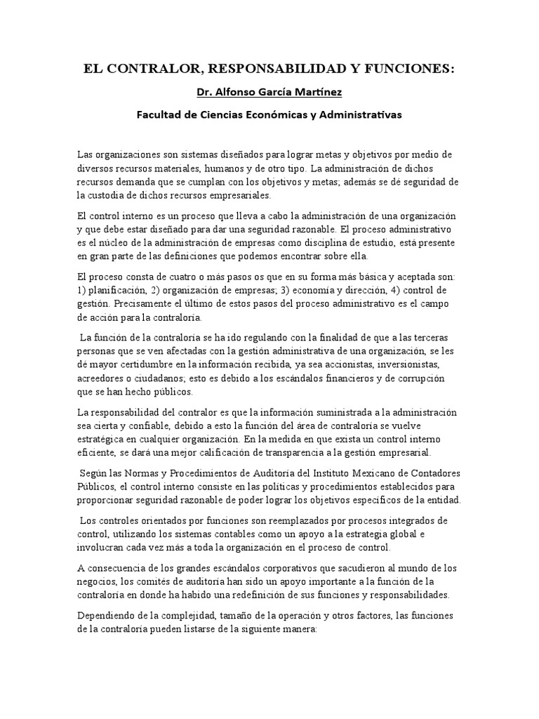 Funciones y Responsabilidad del Contralor | PDF | Empresas | Planificación