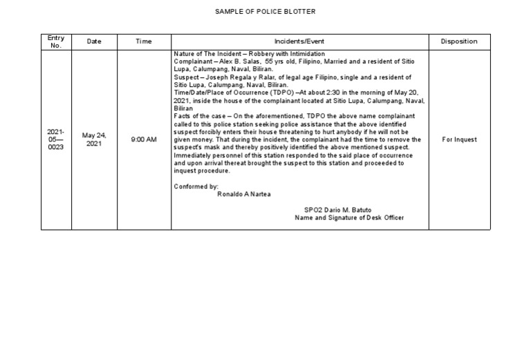 Police Blotter Sample | PDF