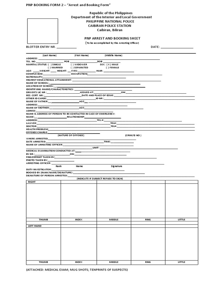 PNP Arrest and Booking Form 2 | PDF | Criminal Justice | Crime & Violence