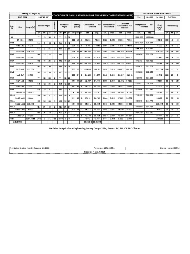 Co-Ordinate Calculation (Major Traverse Computation Sheet) | PDF | Nature