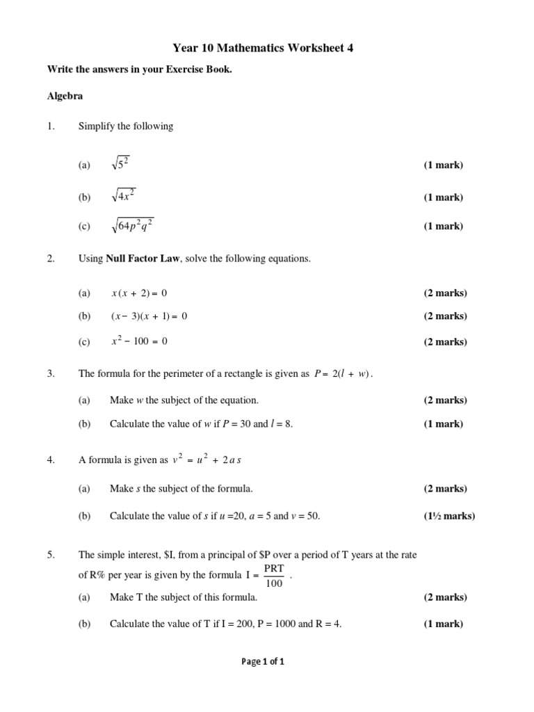 Year 10 Mathematics Worksheet 4: Write The Answers in Your Exercise ...