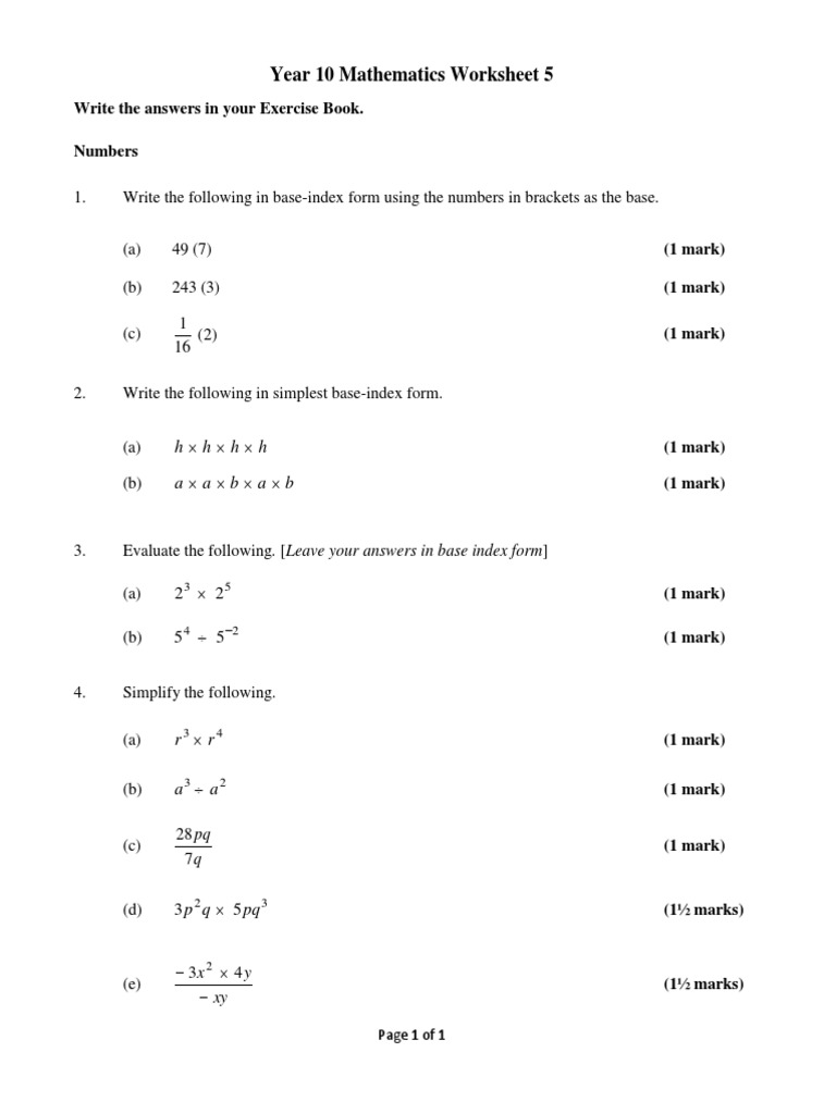 Year 10 Mathematics Worksheet 5: Write The Answers in Your Exercise ...