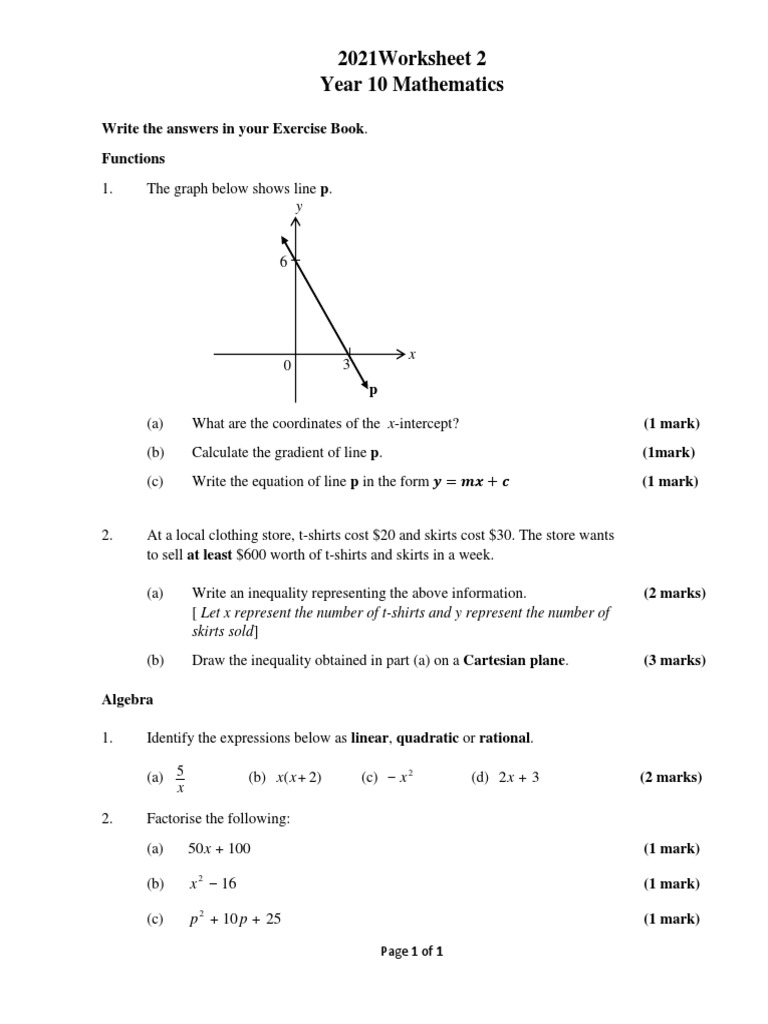 2021worksheet 2 Year 10 Mathematics: Write The Answers in Your Exercise ...