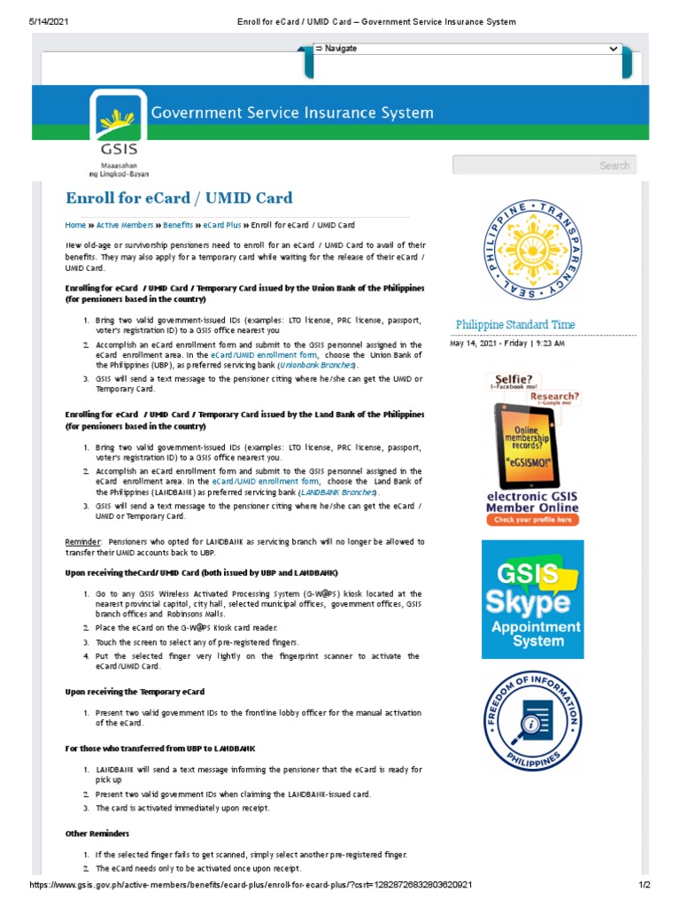 Enroll For Ecard - UMID Card - Government Service Insurance System | PDF | Identity Document ...