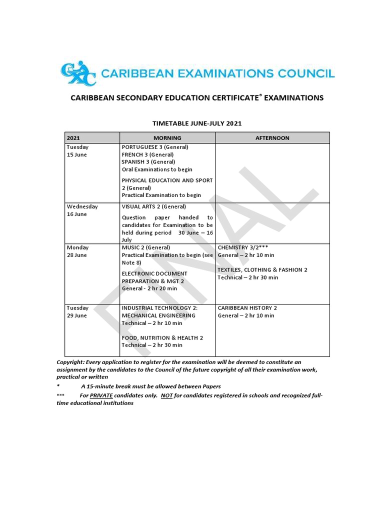 Caribbean Secondary Education Certificate Examinations: Timetable June ...