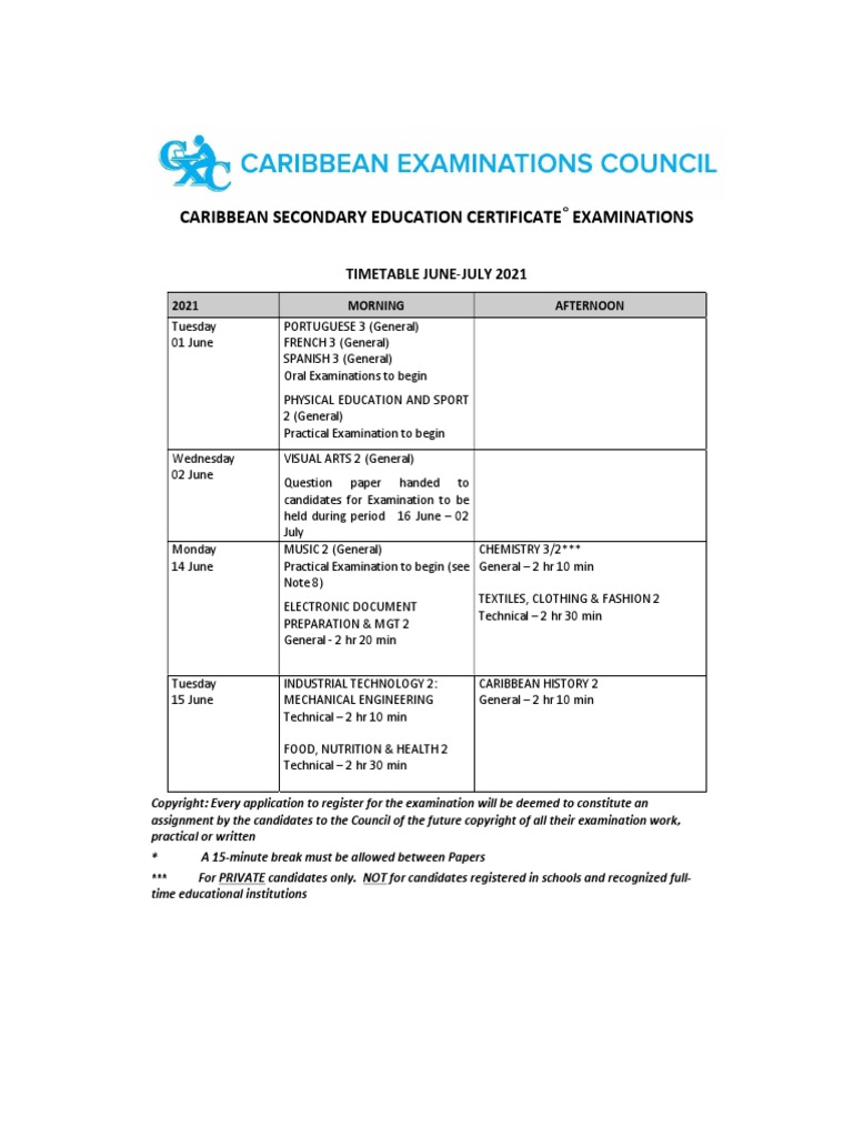 FINAL CSEC Timetable June July 2021 | PDF | Test (Assessment) | Engineering