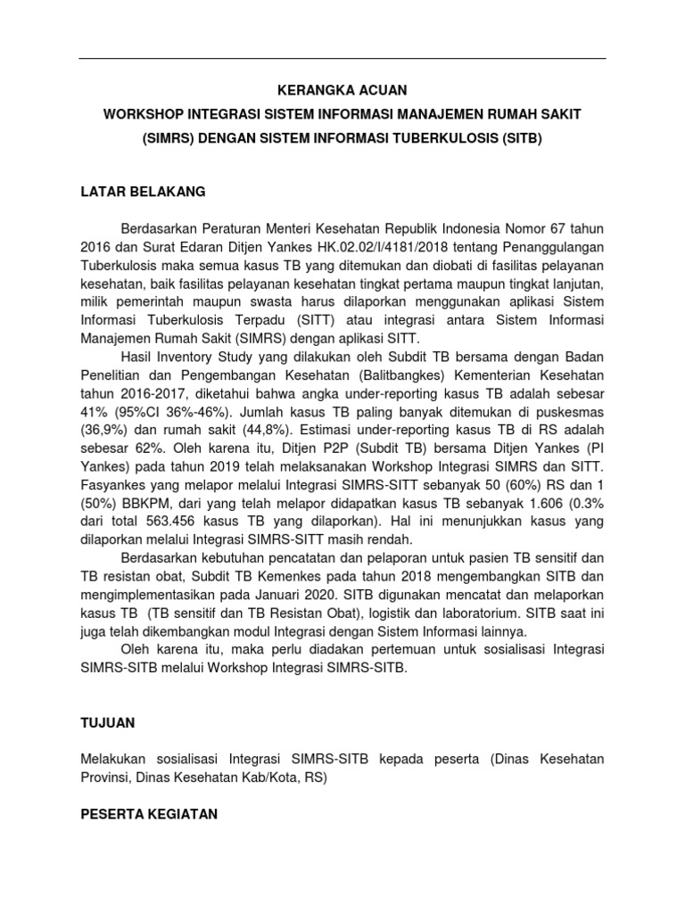 TOR Workshop Integrasi SIMRS-SITB Batch 2-10-18082020 | PDF