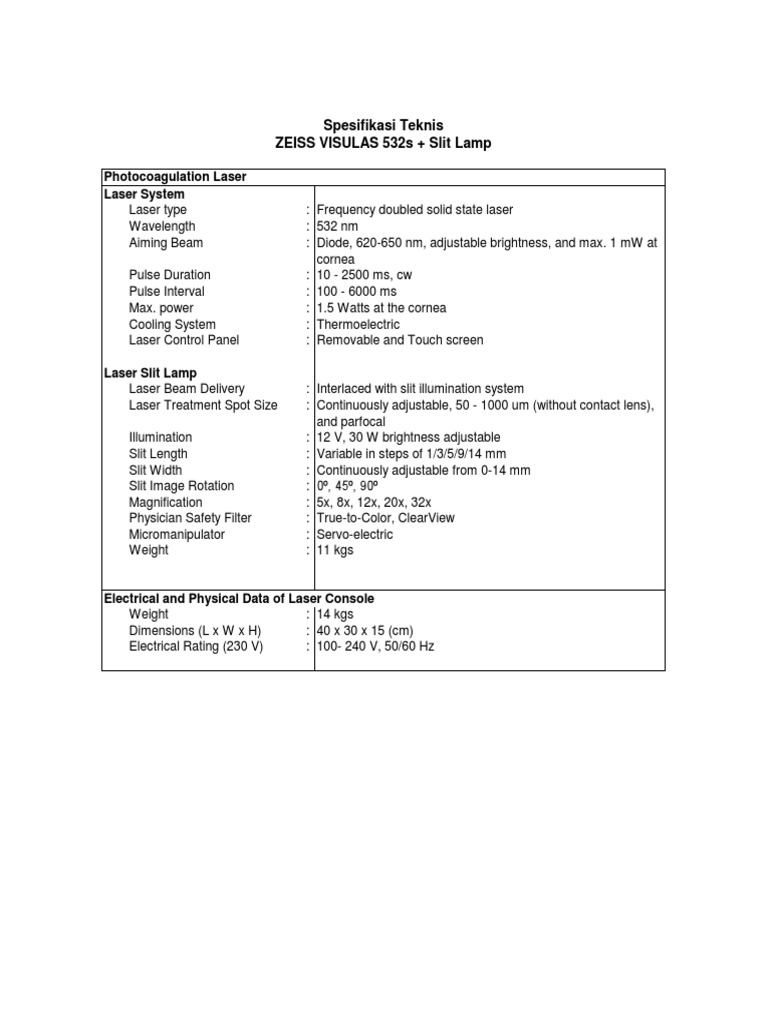 Data Spesifikasi - ZEISS Visulas 532s + Slit Lamp (E-Catalog) | PDF
