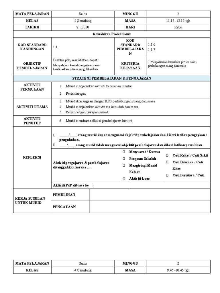 RPH SN Tahun 4 Kemahiran Proses Sains Mggu 2 (5-9.1.2020) | PDF