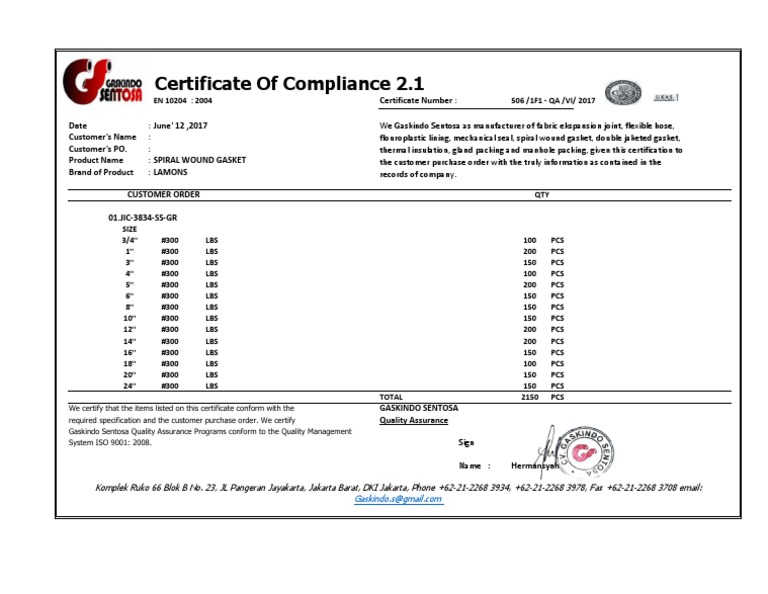 Certificate Gasket Lamons-300 | PDF | Quality | Systems Thinking