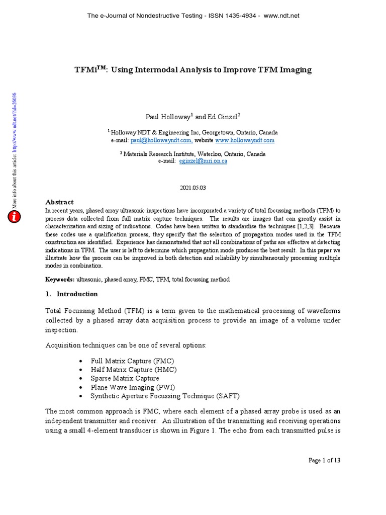 TFMi: Enhancing TFM Imaging Techniques | PDF | Nondestructive Testing ...