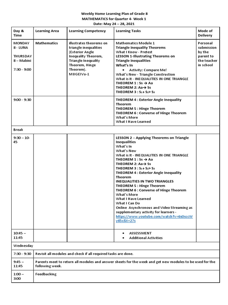 Weekly Home Learning Plan of Grade 8 Quarter 4 Week 1 and 2 | PDF ...