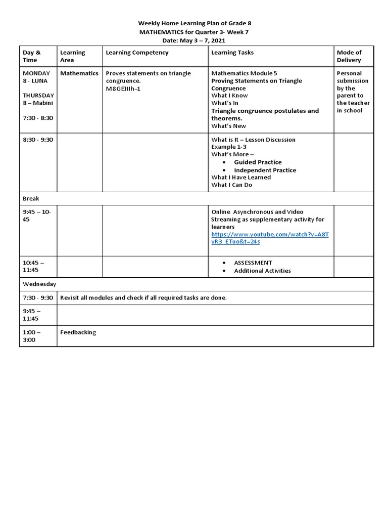 Weekly Home Learning Plan of Grade 8 Quarter 3 Week 7 and 8 | PDF ...