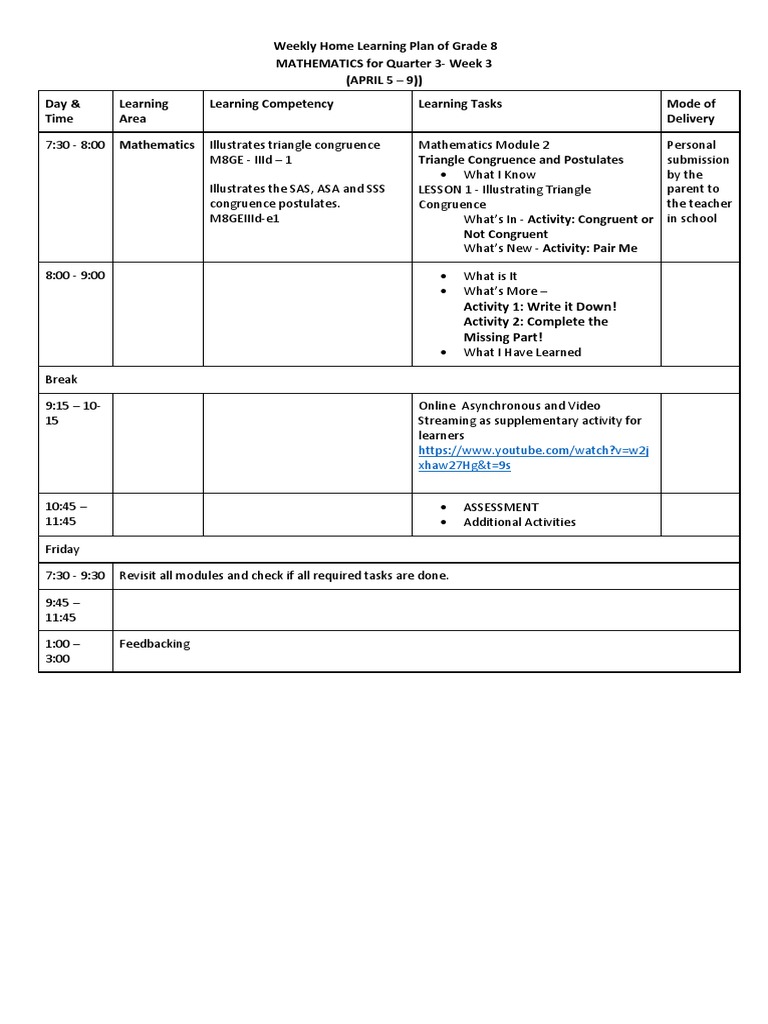 Grade 8 Math Weekly Learning Plan | PDF | Pedagogy | Elementary Mathematics