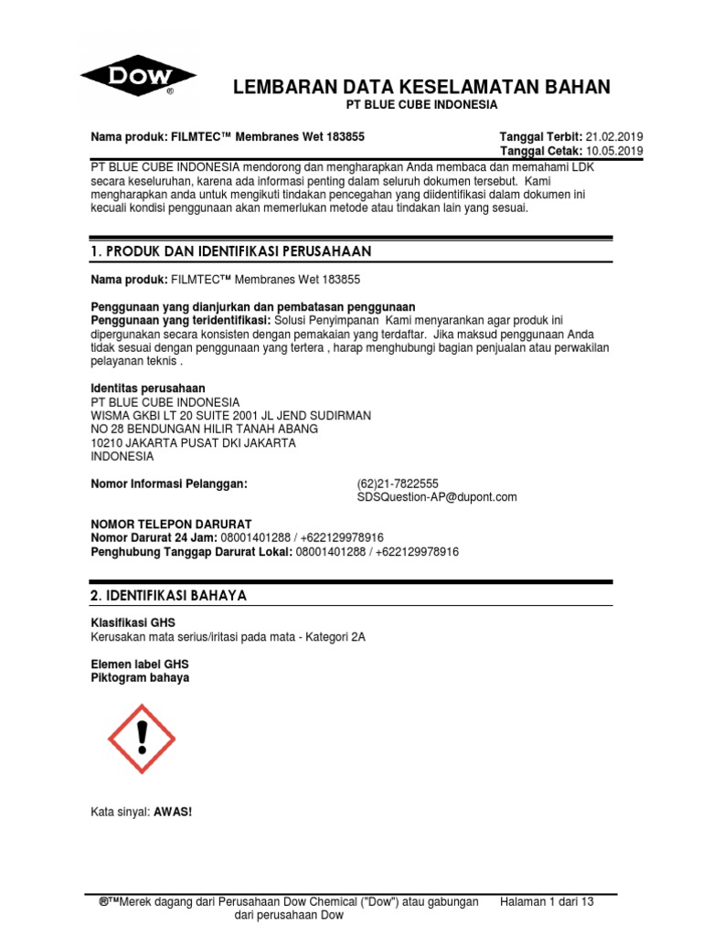 Safety Data Sheet - SDS Filmtec Wet RO Membrane | PDF